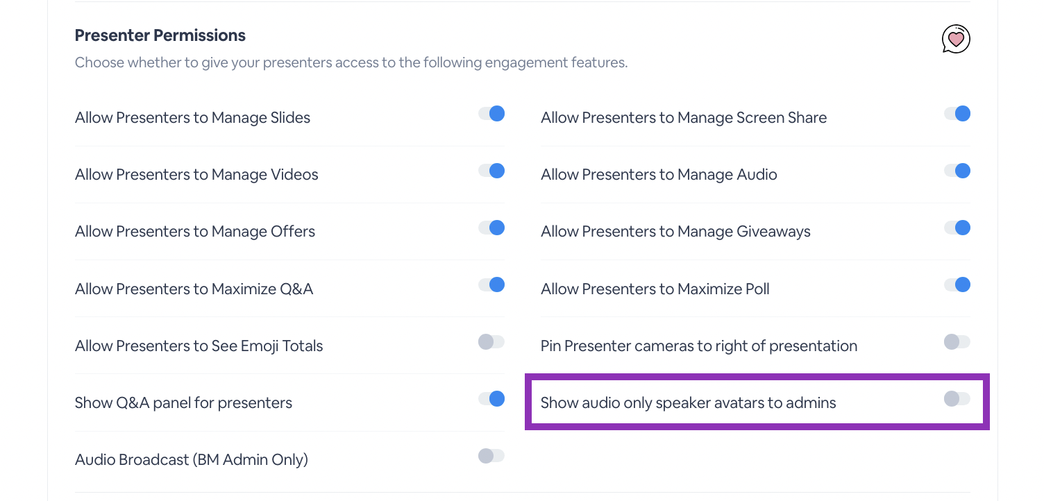 Manage your presenters using settings found in the camera box